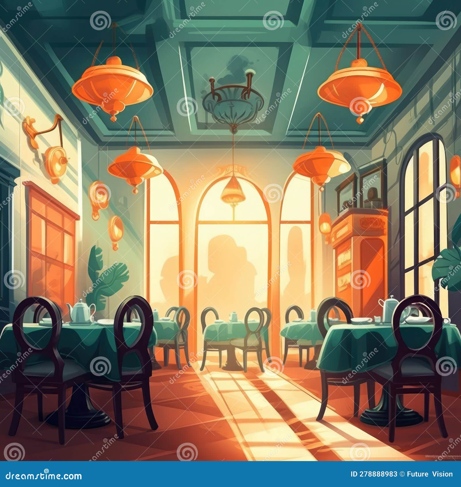 General View of Fancy Restaurant Interiors with Big Windows, Created ...