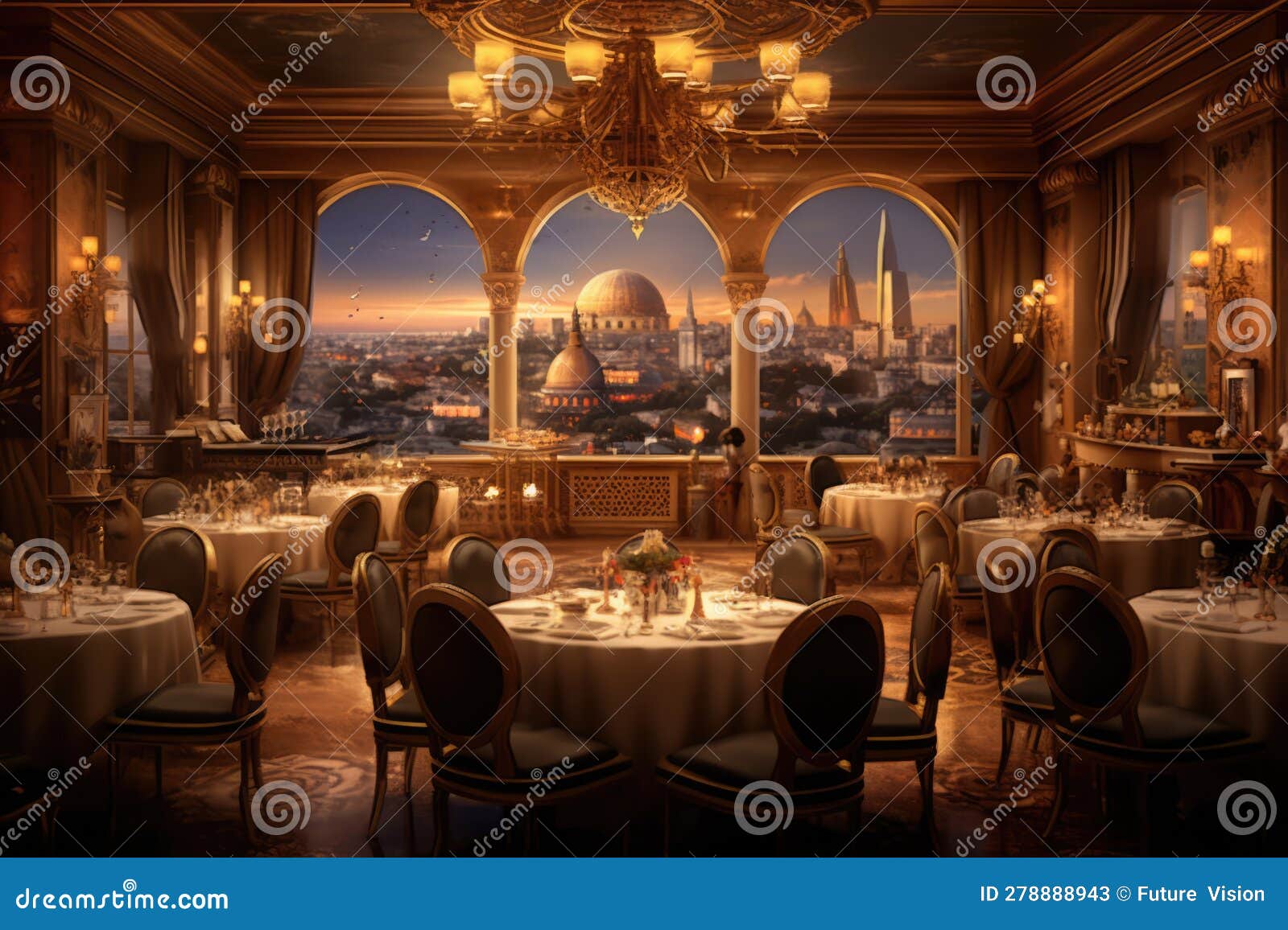 General View of Fancy Restaurant Interiors with City View, Created ...