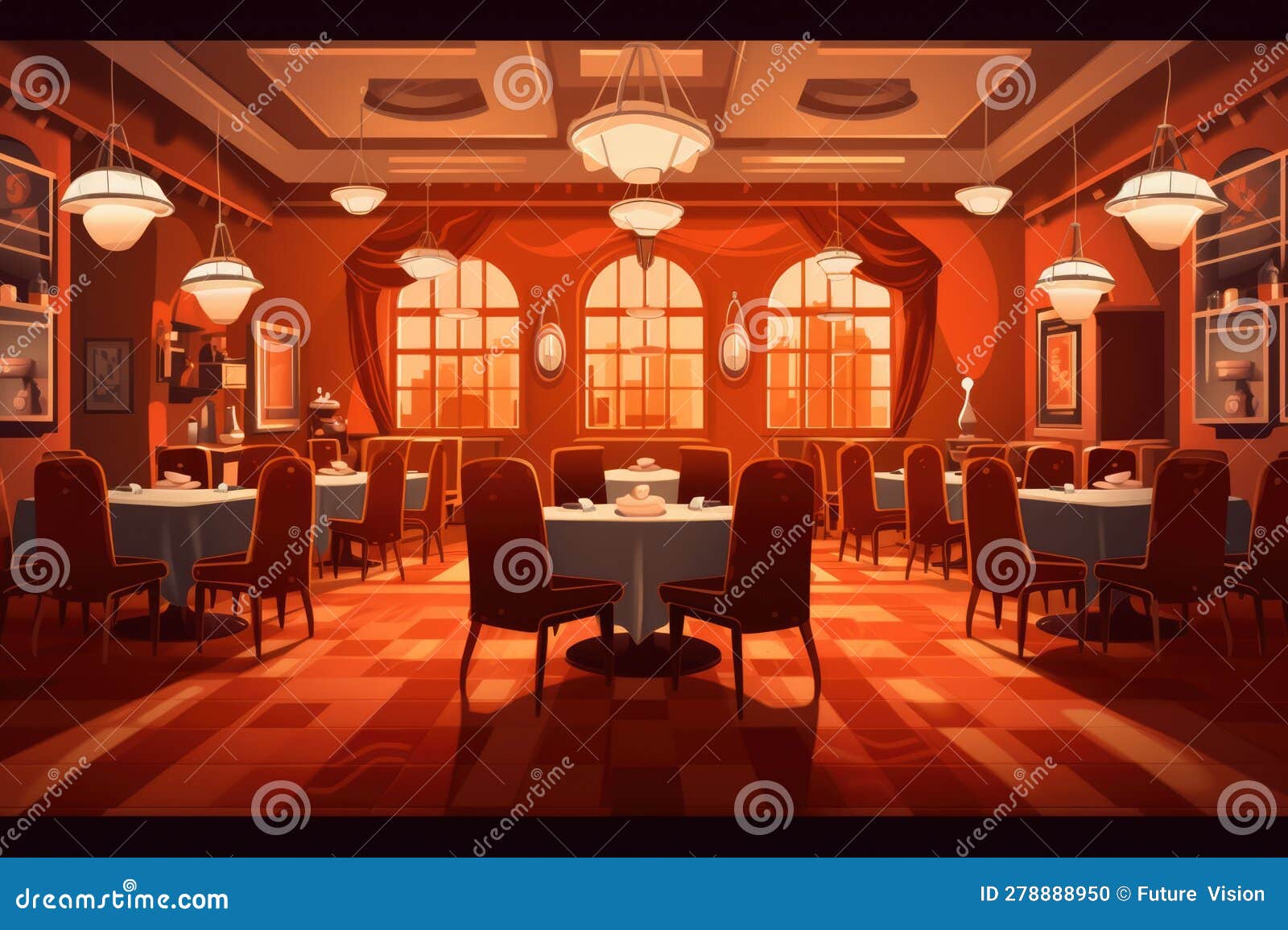 General View of Fancy Restaurant Interiors with City View, Created ...