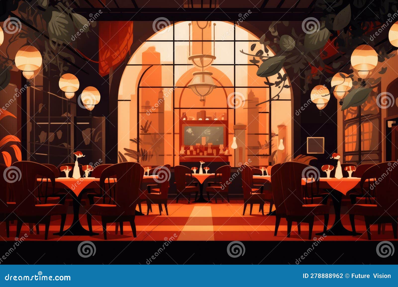 General View of Fancy Restaurant Interiors with City View, Created ...