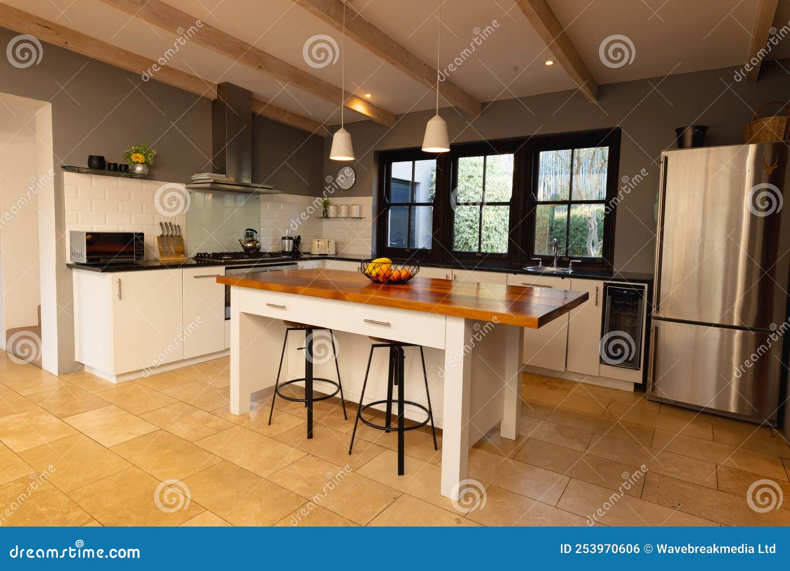 General View of Luxury Interior of Kitchen with Countertop and Fridge ...