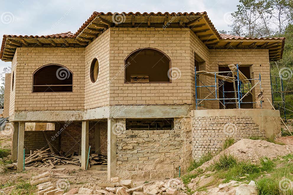 General View of a Messy Construction Site of an Adobe Bricks House ...
