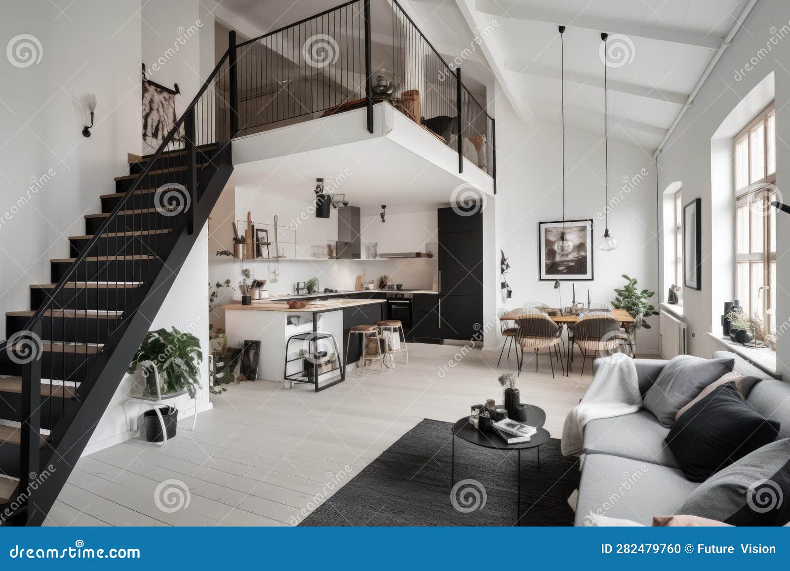 General View of Modern Loft Apartment with Large Windows, Created Using ...