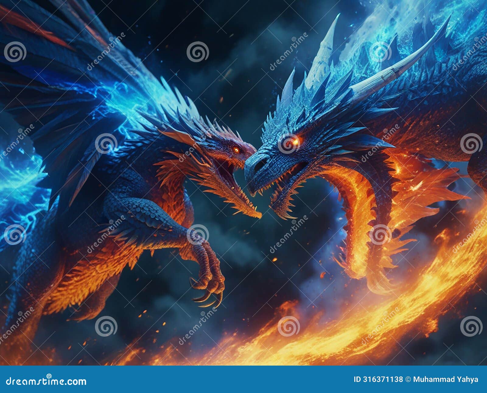 Batte between Dragons with Their Respective Bursts of Fire Stock ...