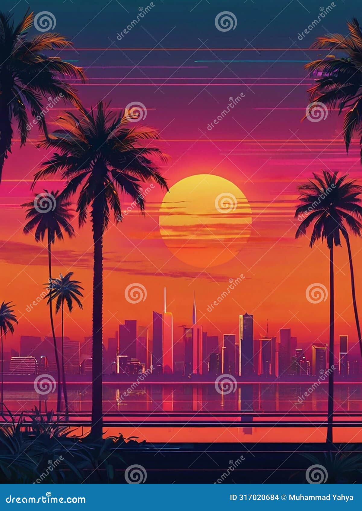 Distant Synthwave Cityscape, Orange Sunset Stock Illustration ...