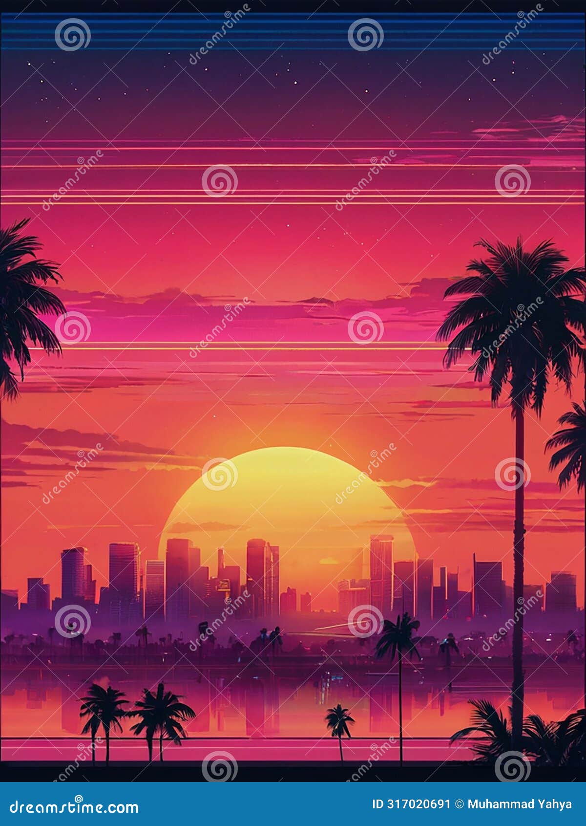 Distant Synthwave Cityscape, Orange Sunset Stock Illustration ...