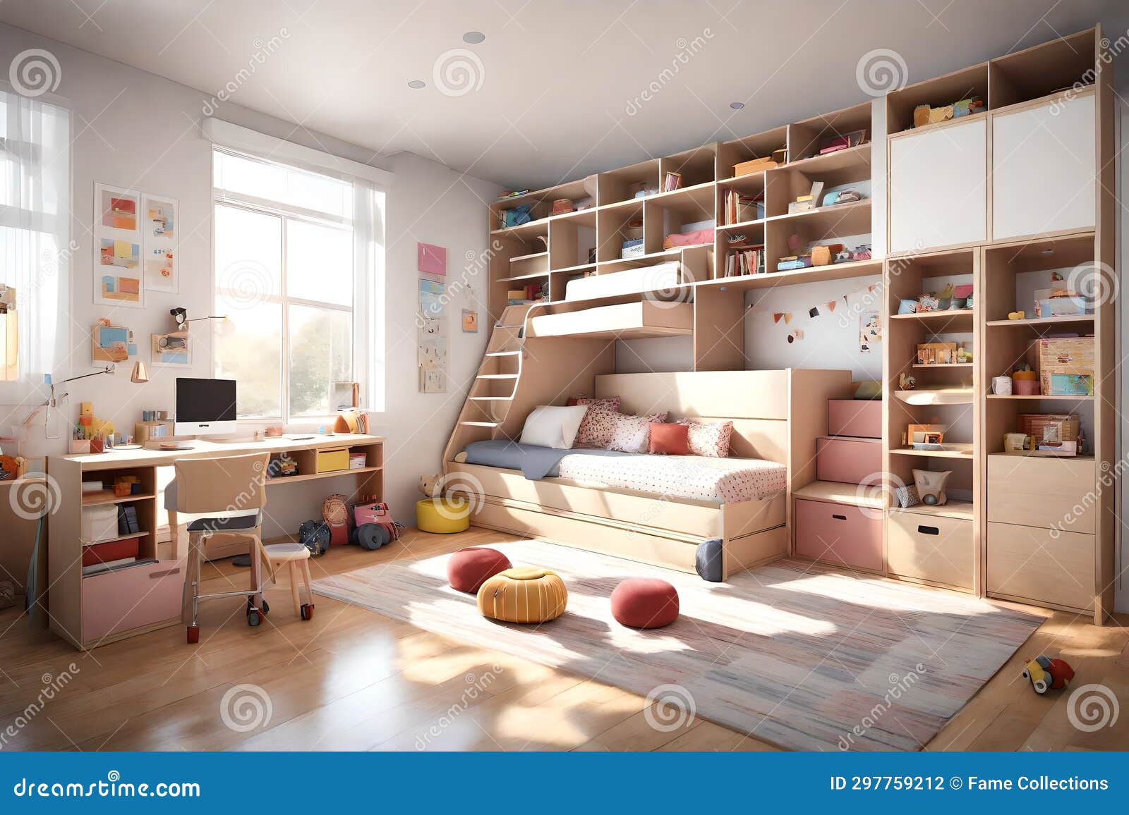 "Generate a 3D Render of a Multi-functional Kids Bedroom, Optimizing ...
