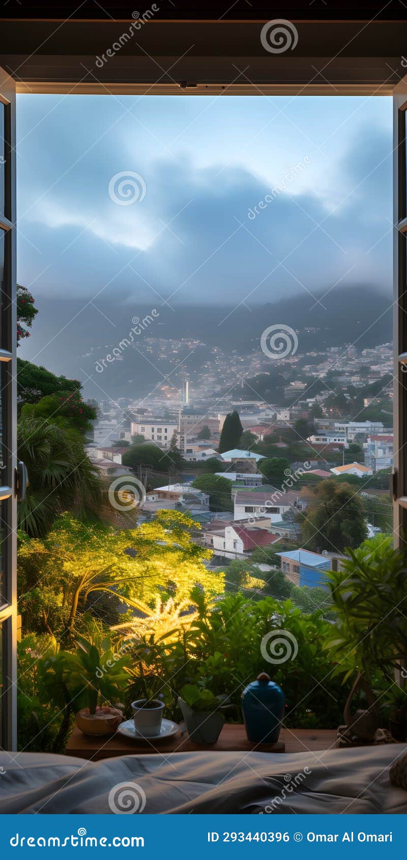 A View of a City from a Window.Window View from Open Window . Stock ...