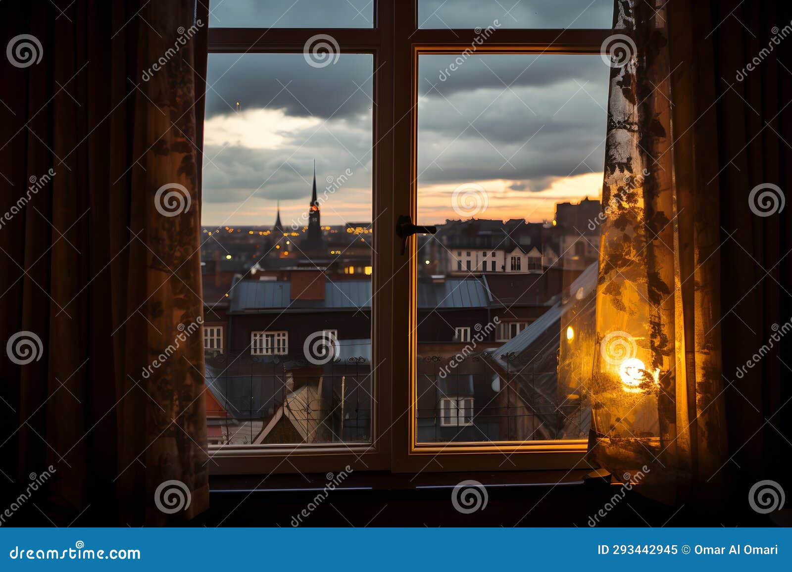 A Window with a View of a City at Night.Window View from Open Window ...
