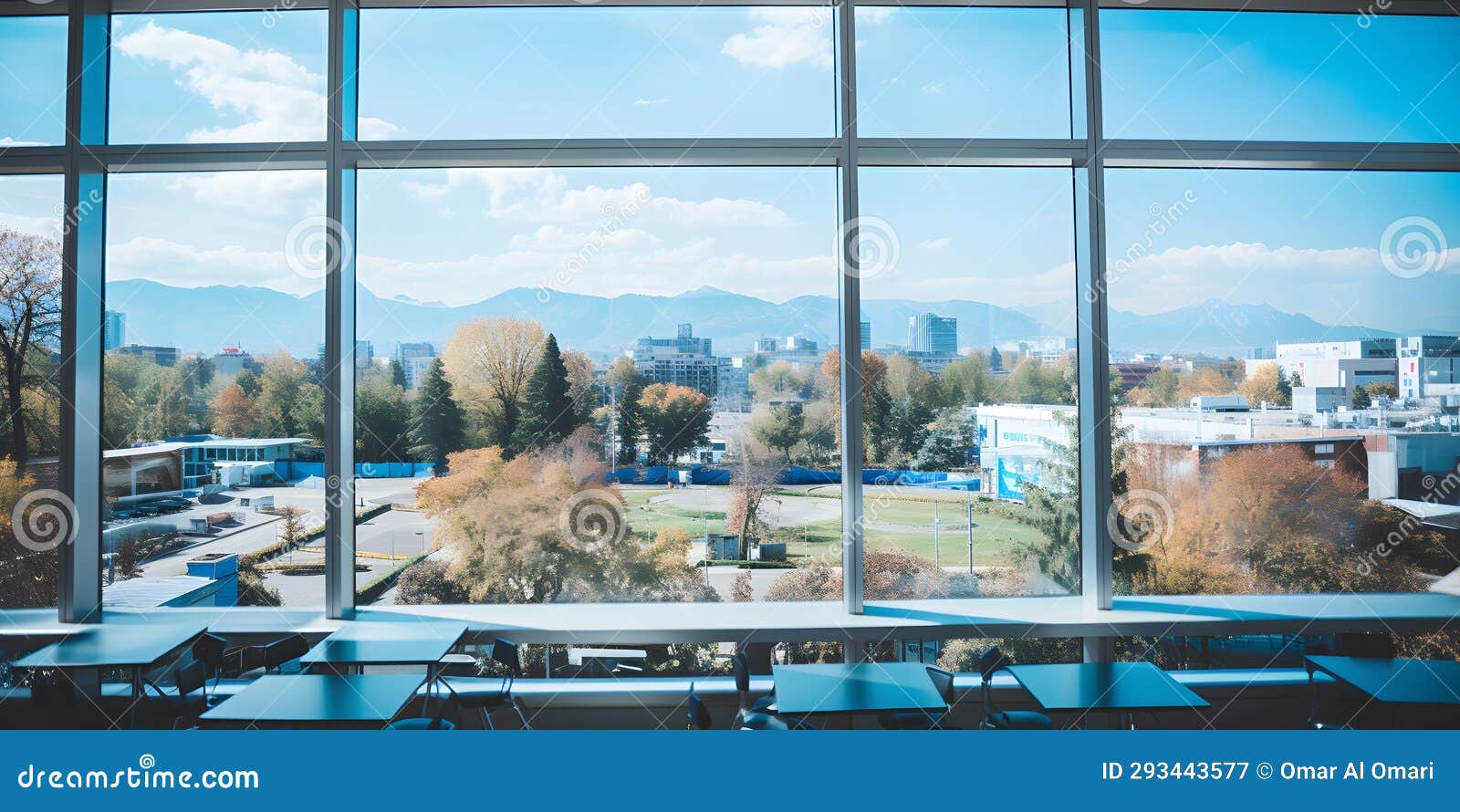 A View of a City through a Large Window.Window View from School Window ...