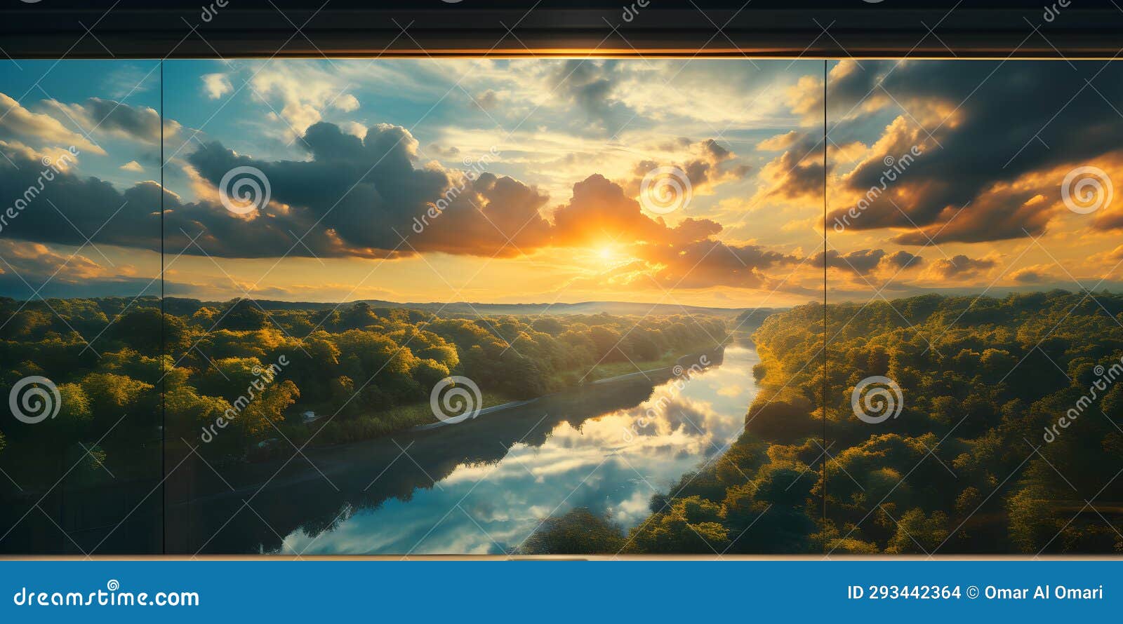 A Painting of a Sunset Over a River.Window View from Train Window ...