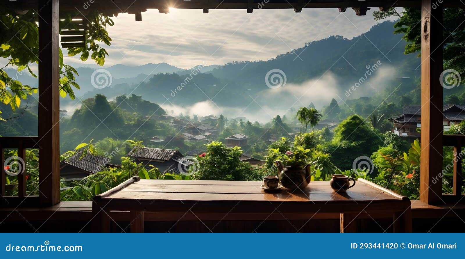A View of a Mountain Valley through a Window.Window View from Wooden ...