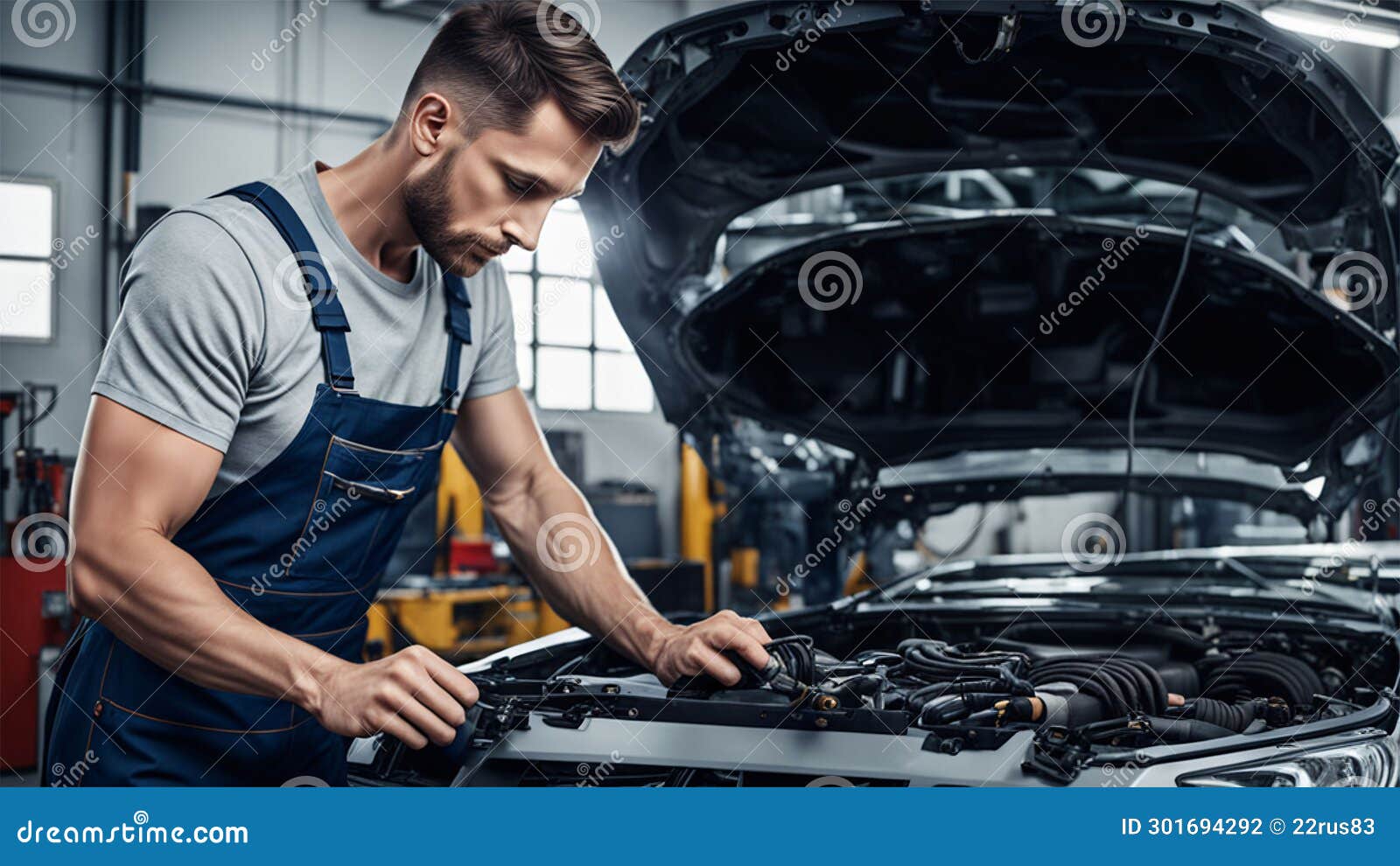 Generated. AI. Auto Mechanic in Overalls Repairs Car in Workshop. Car ...