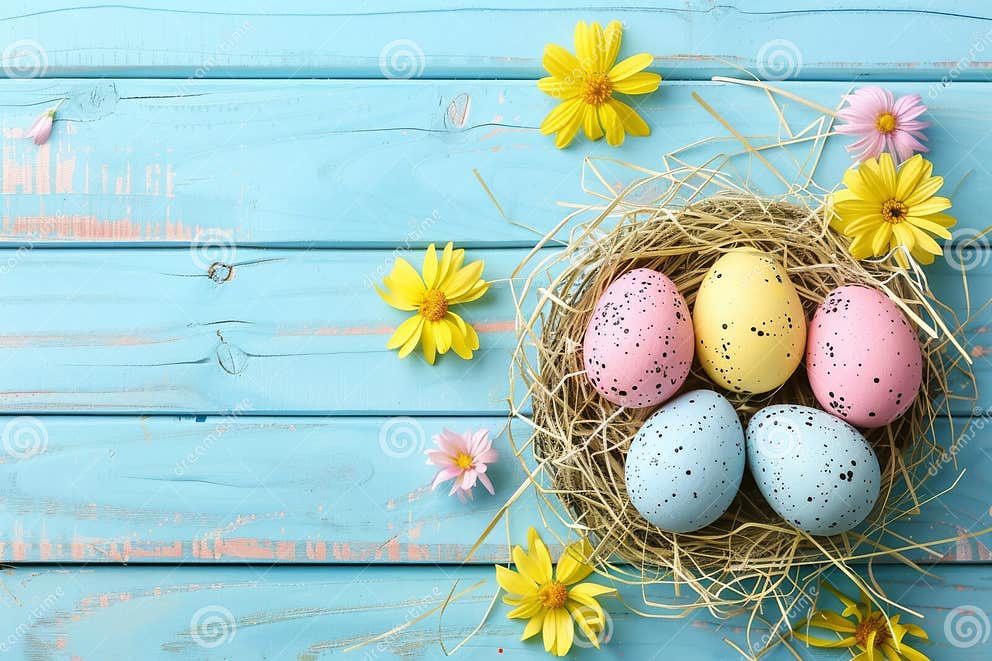 Happy Easter Springtime Celebration Eggs Sacrificial Basket. White Reflection Bunny Caption Area ...