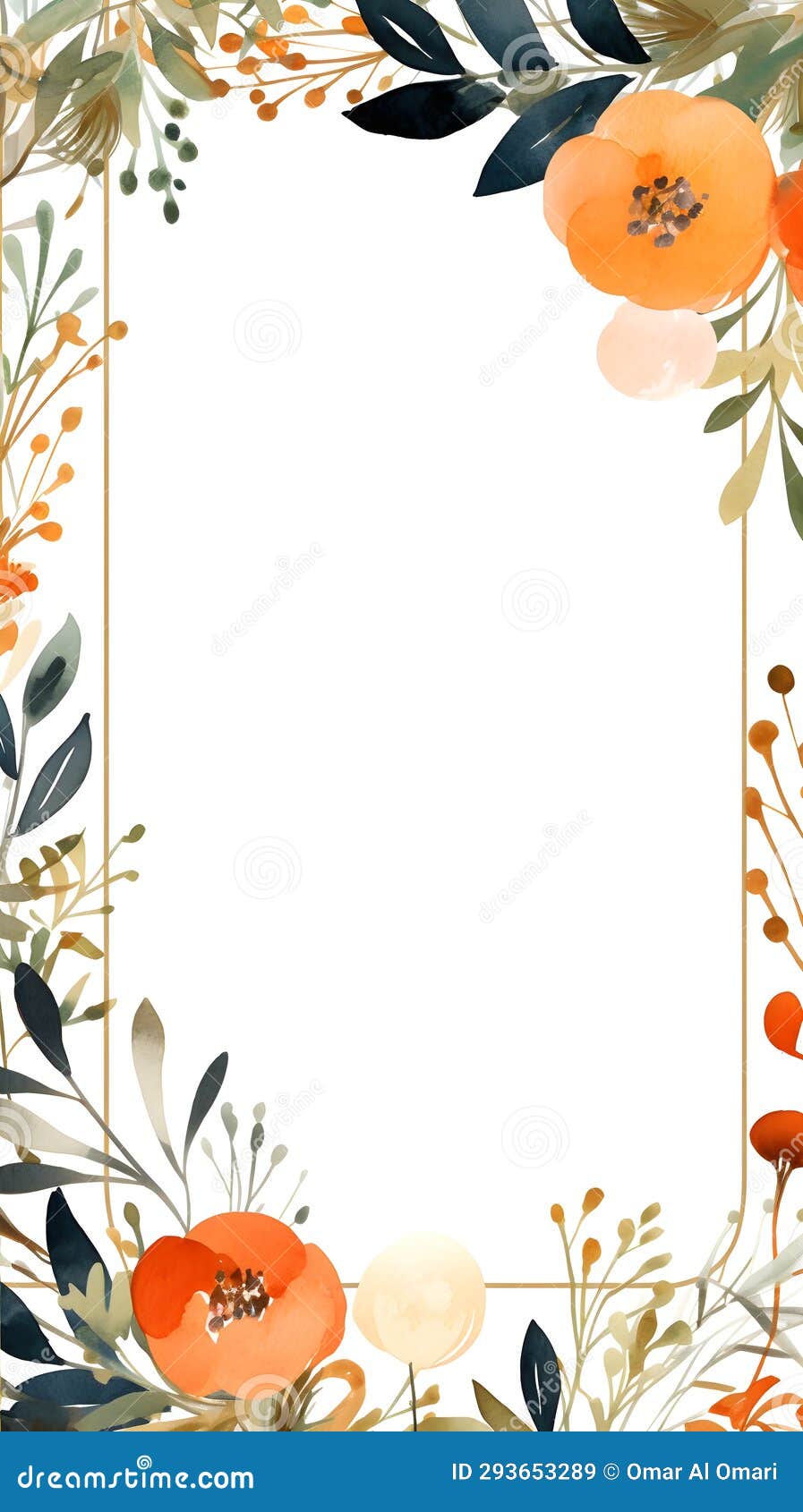 A Square Frame with Flowers and Leaves on a White Background. Abstract ...