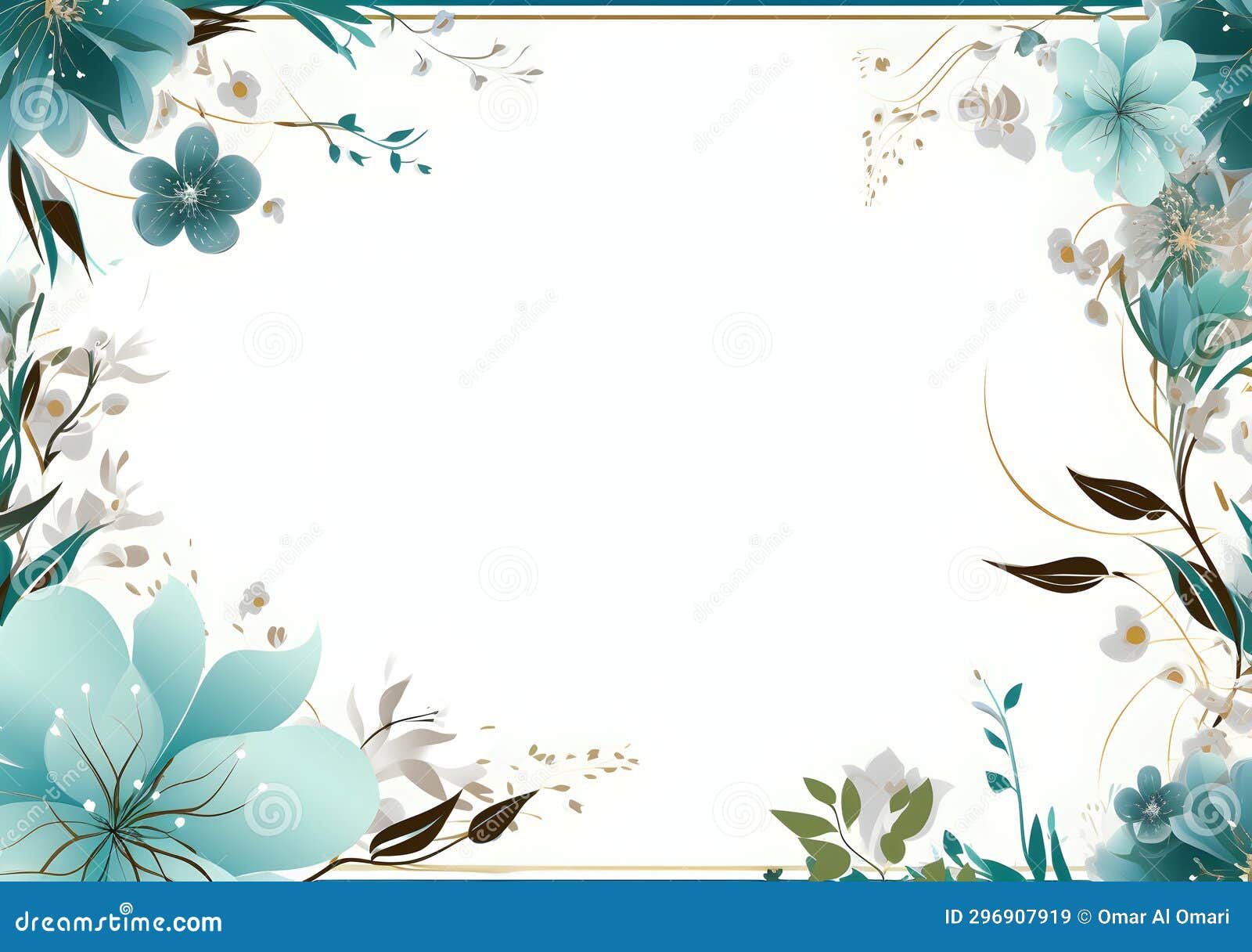 A Blue and White Frame with Flowers and Leaves. Abstract Cyan Florals ...