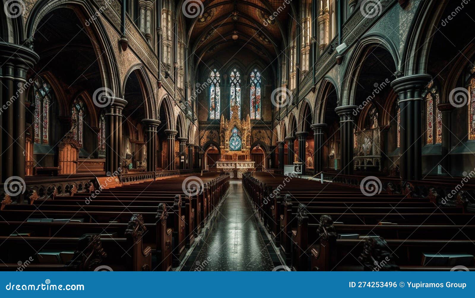 Gothic Chapel with Ancient Stained Glass and Pews Generated by AI Stock ...