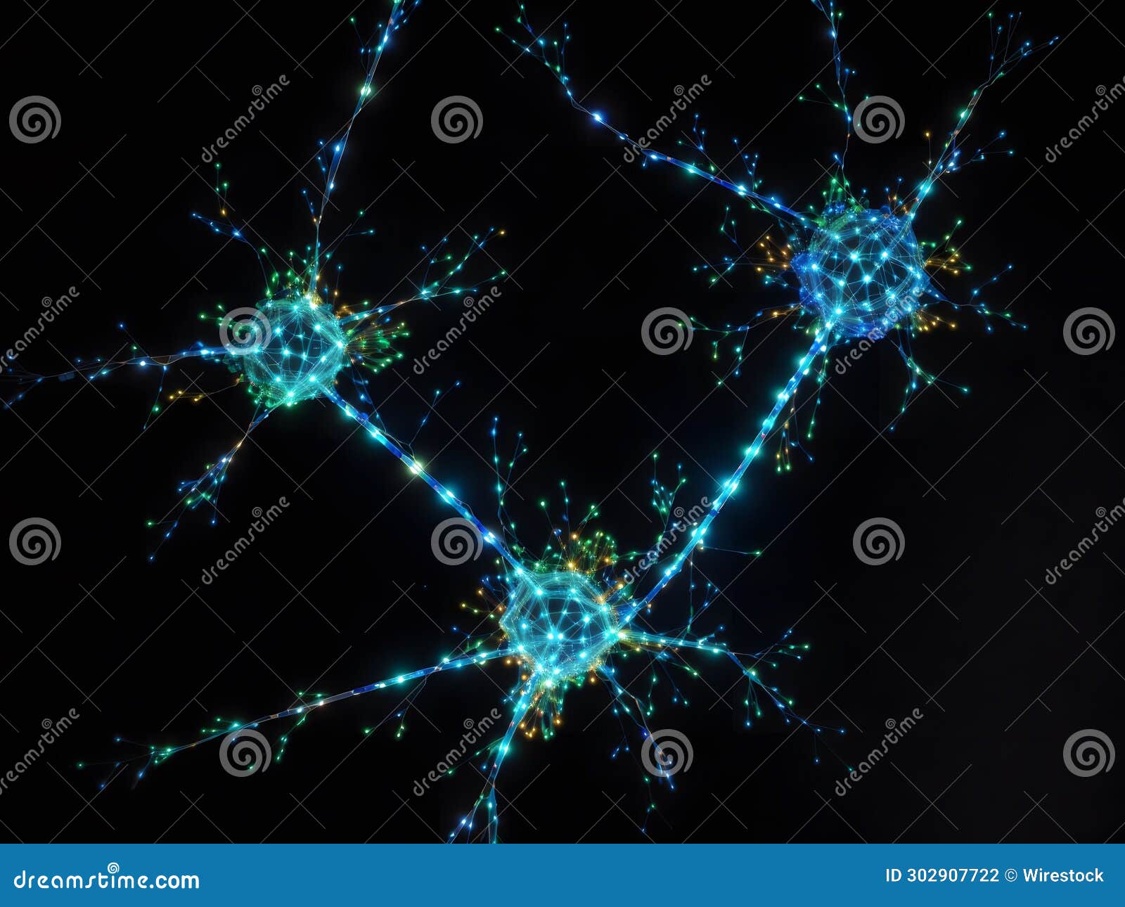 Generated Illustration of a Glowing Cluster of Green and Blue Neurons ...