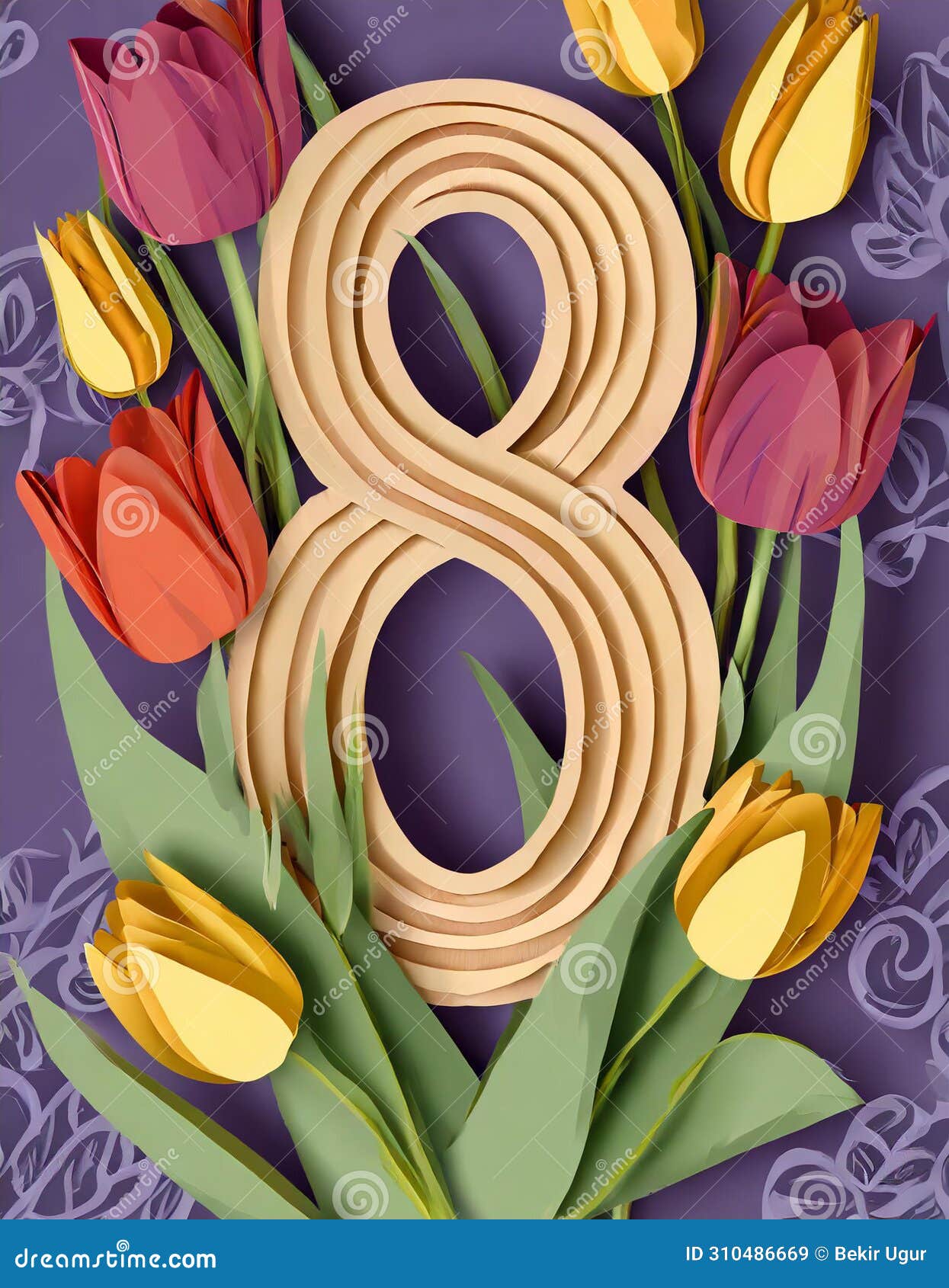 8 March Card Design with Tulips on Violet Background, Flat Lay ...