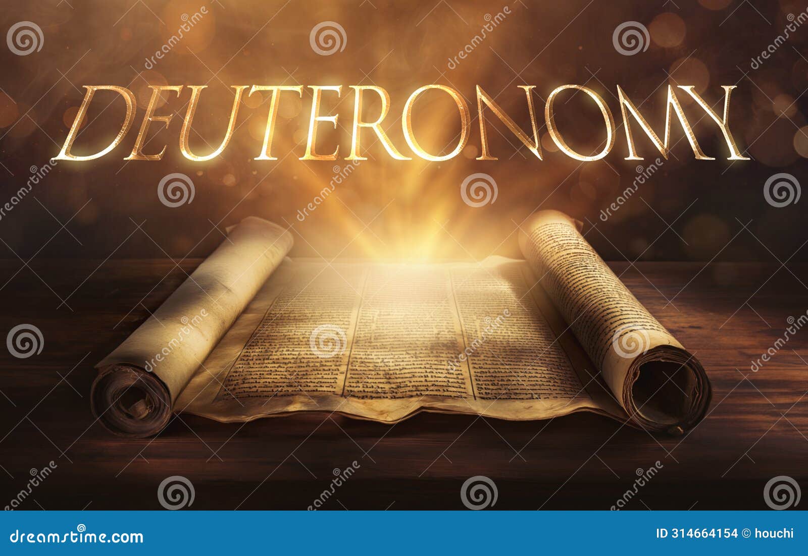 Glowing Open Scroll Parchment Revealing the Book of the Bible. Book of ...