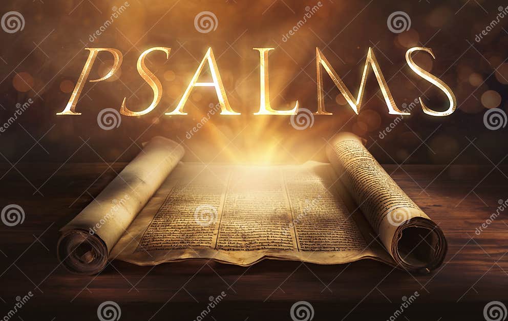 Glowing Open Scroll Parchment Revealing the Book of the Bible. Book of ...