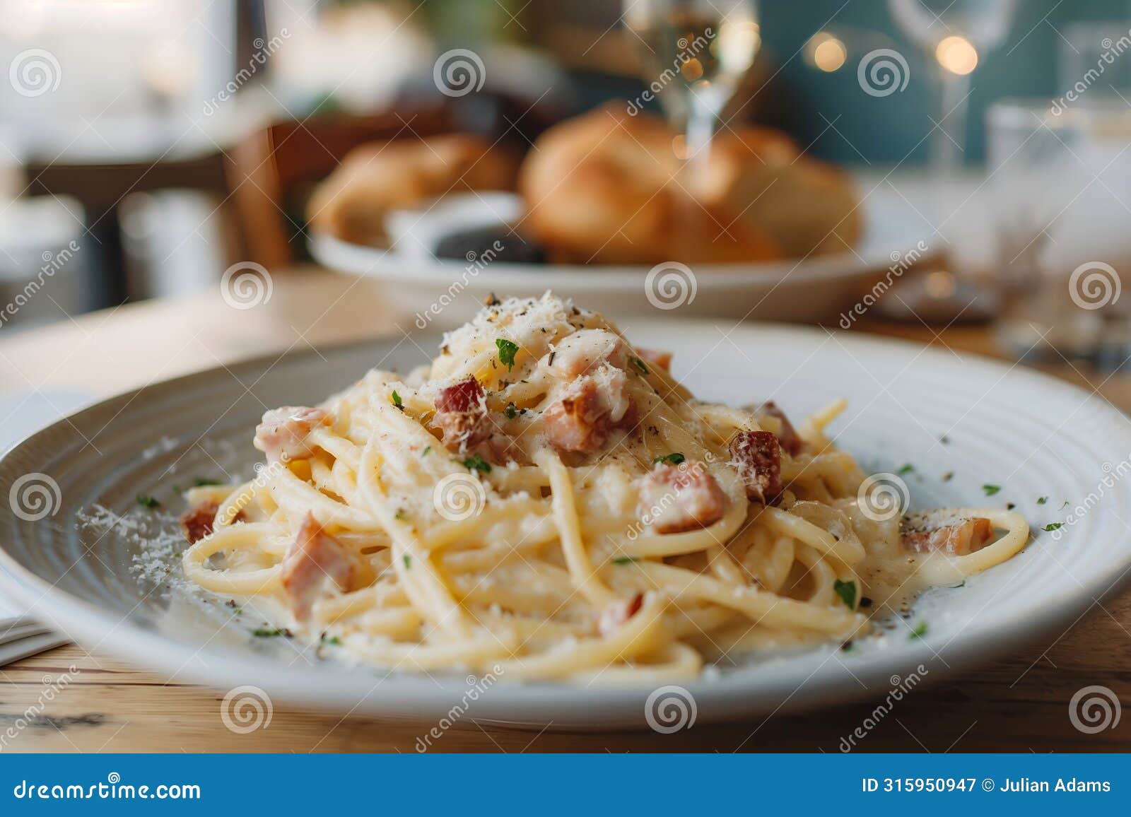 Close-Up Spaghetti Carbonara Served On A Plate In Food Restaurant ...