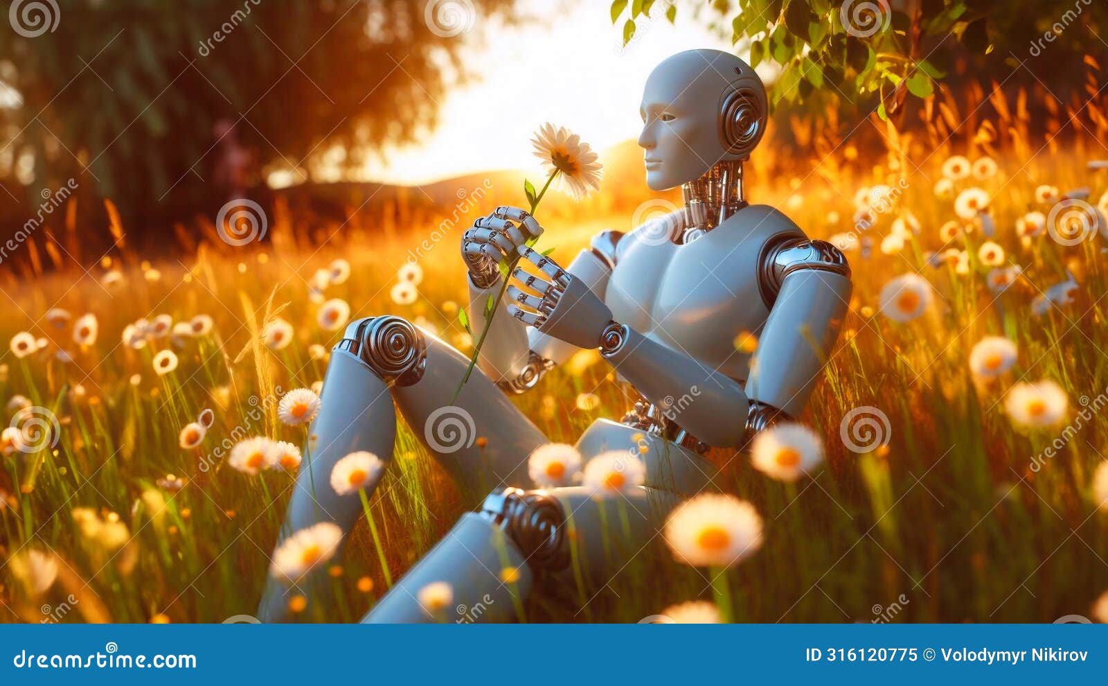 A Humanoid Robot Admires A Flower, Lying In A Field, Holding A Flower ...