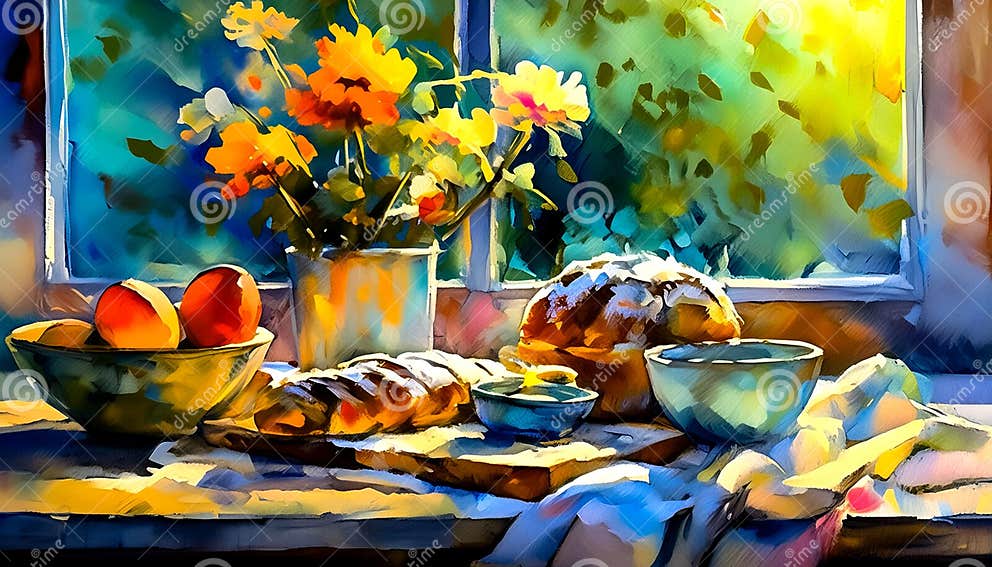 An Artistic Sketch of a Still Life Set Up Showing Baked Bread in a ...