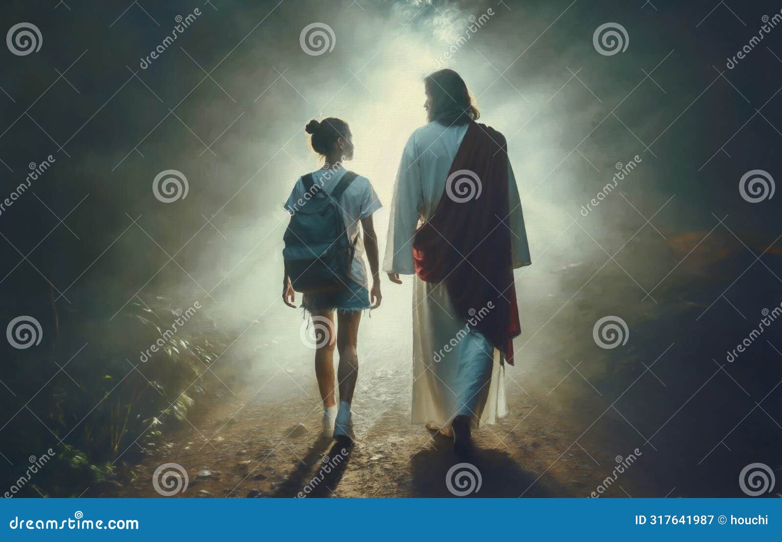 Jesus Walking Side by Side with a Teen Girl Stock Illustration ...
