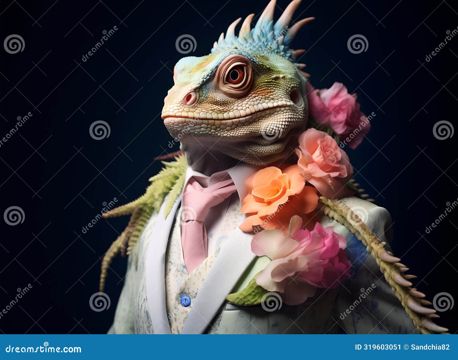 Basilisk in Smart Suit, Surrounded in a Surreal Garden Full of Blossom ...