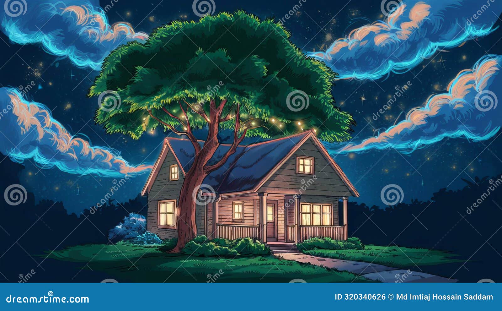There is a House Under a Tree with a Sky Night Background Stock ...