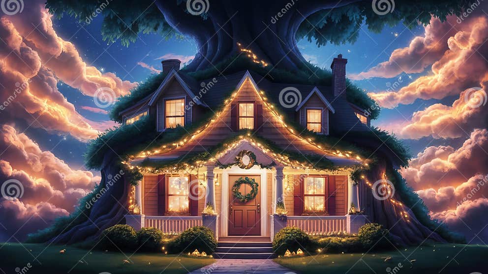There is a House Under a Tree with a Sky Night Background Stock ...