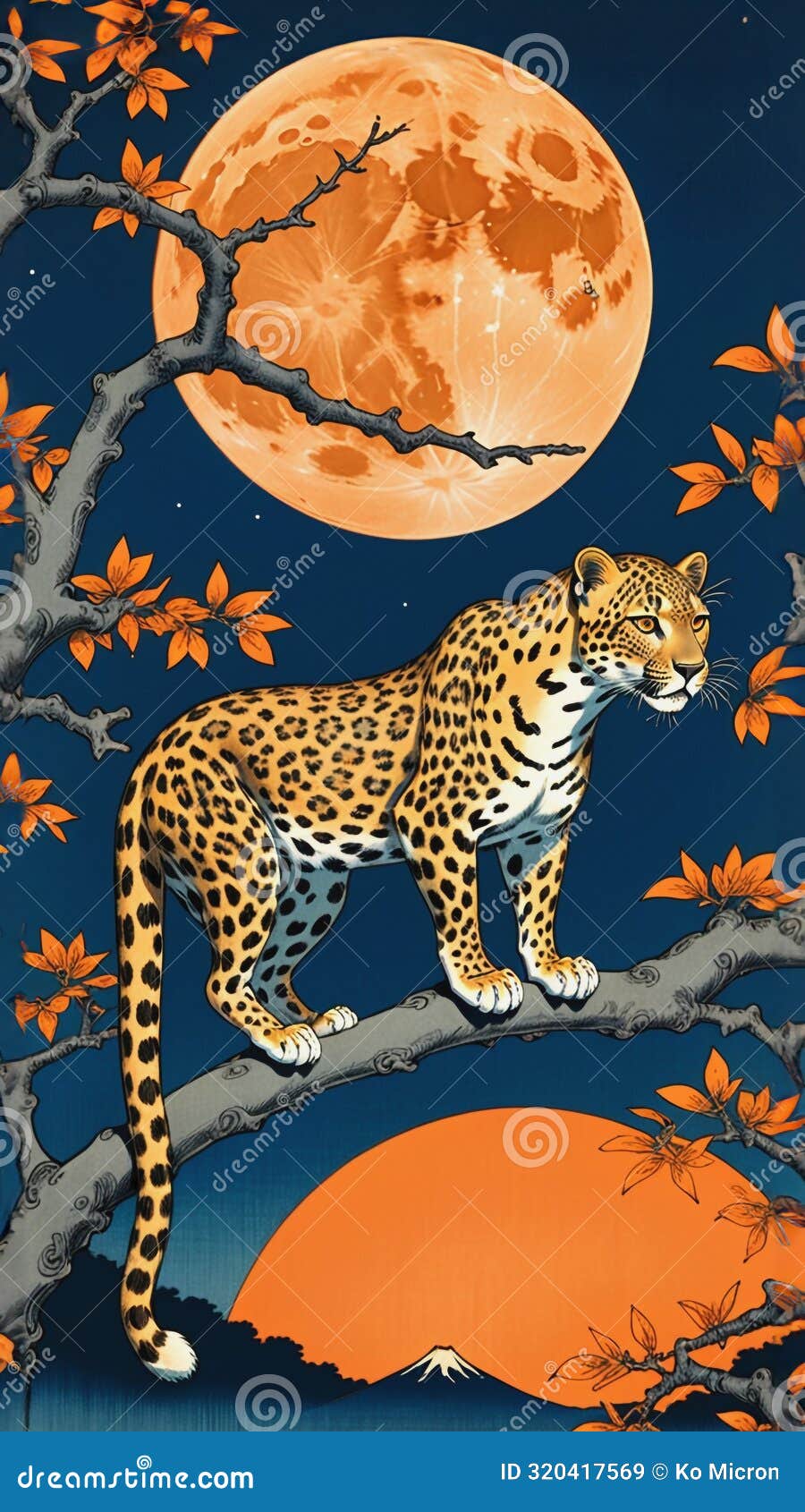 Leopard Perched Under Full Moon Stock Illustration - Illustration of ...