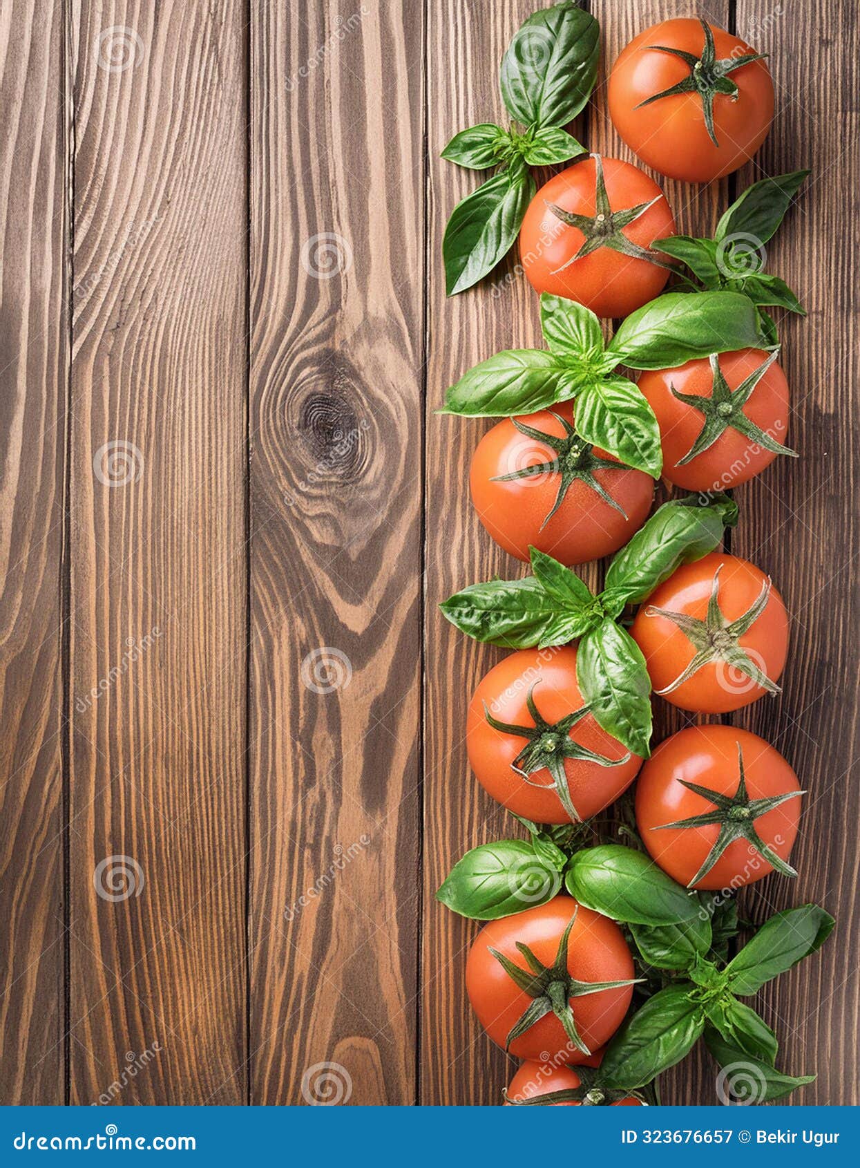 Fresh Ripe Garden Tomatoes and Basil on Wooden Table. Top View with ...