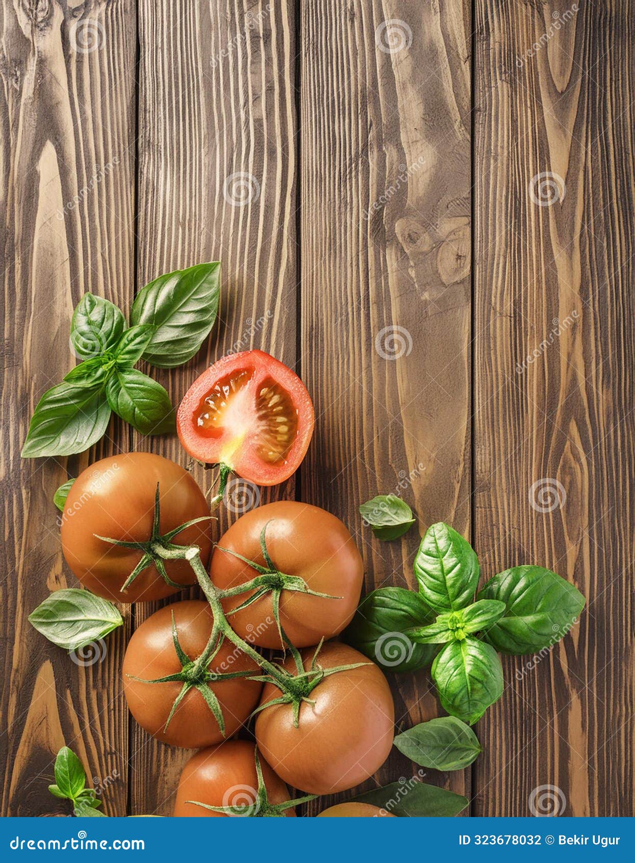 Fresh Ripe Garden Tomatoes and Basil on Wooden Table. Top View with ...