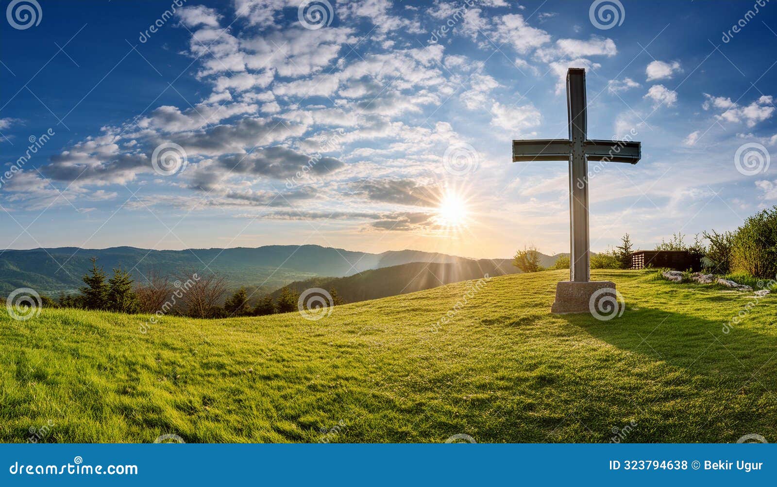 Dramatic Panorama Easter Sunday Morning Sunrise with Cross on Hill ...