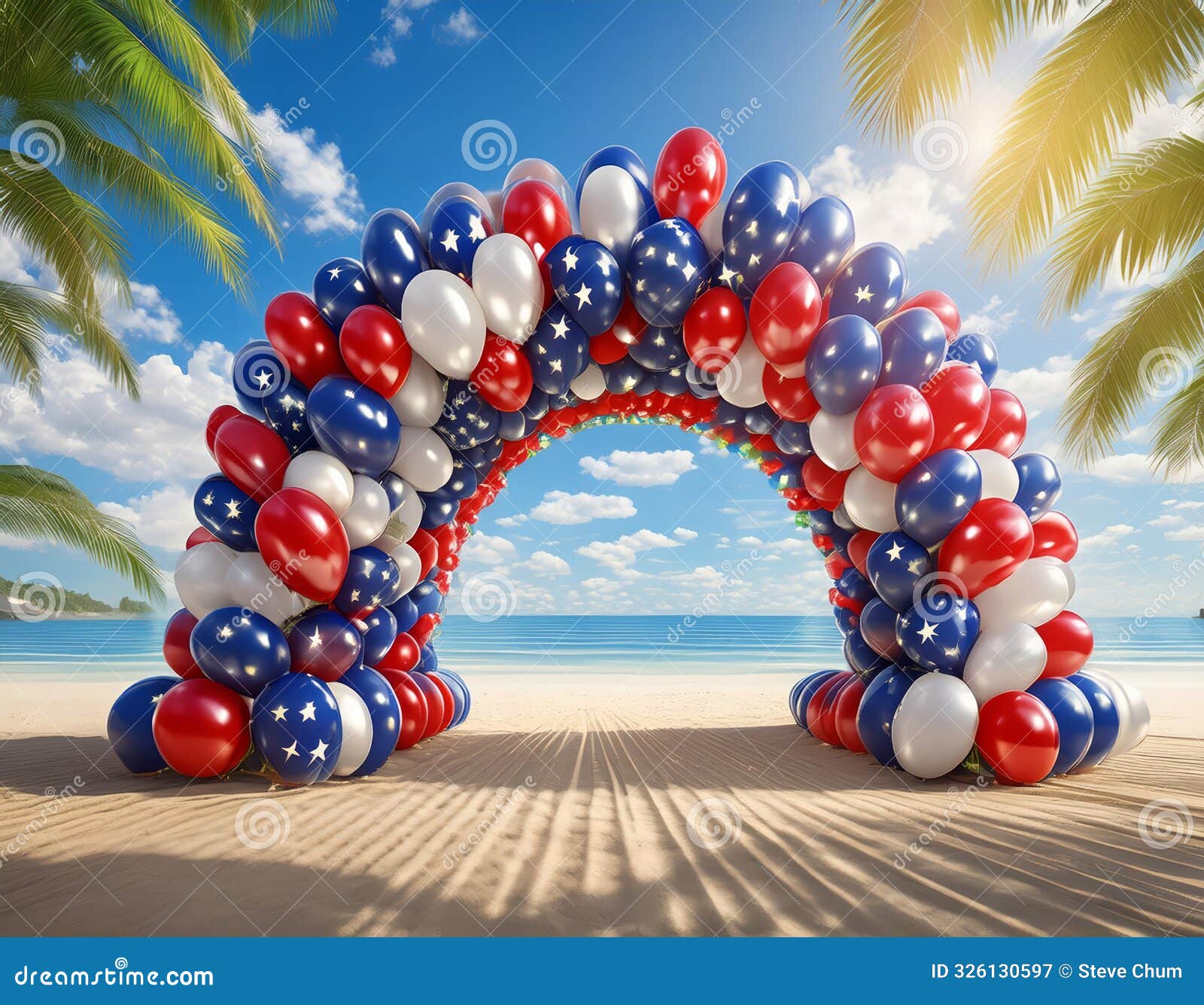 Patriotic Arch with Flags and Balloons on the Beach. 3D Rendering Stock ...