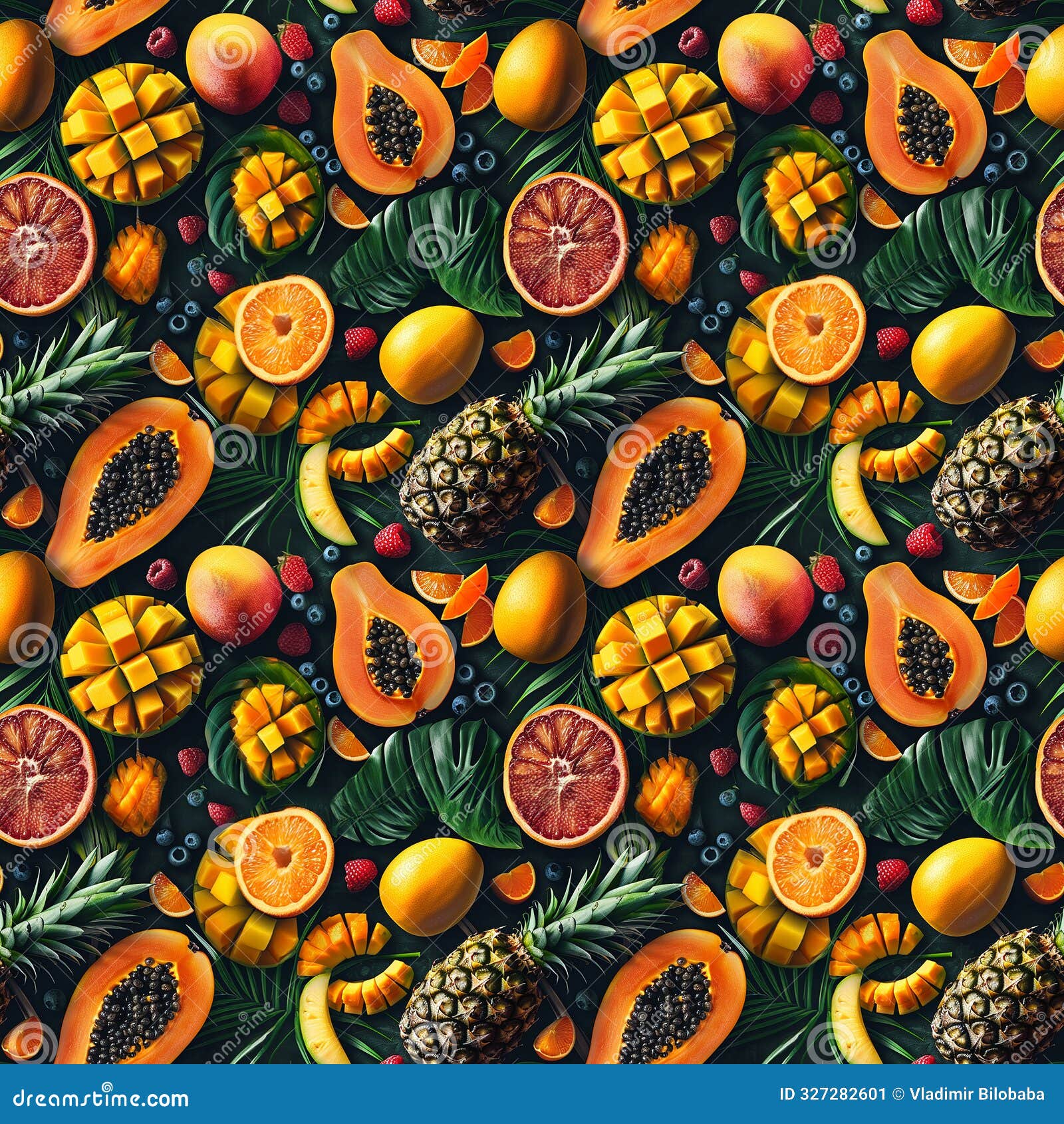 Tropical Fruit Pattern with Pineapple, Papaya, Mango, and Oranges Stock ...
