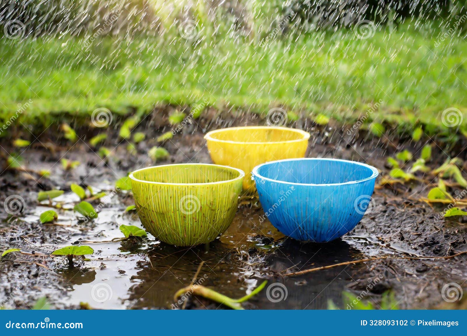 In Rainy Weather Containers Wait for Rain To Collect Water. Stock ...