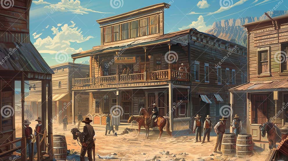 Bustling Wild West Bank on a Dusty Frontier Main Street Stock ...