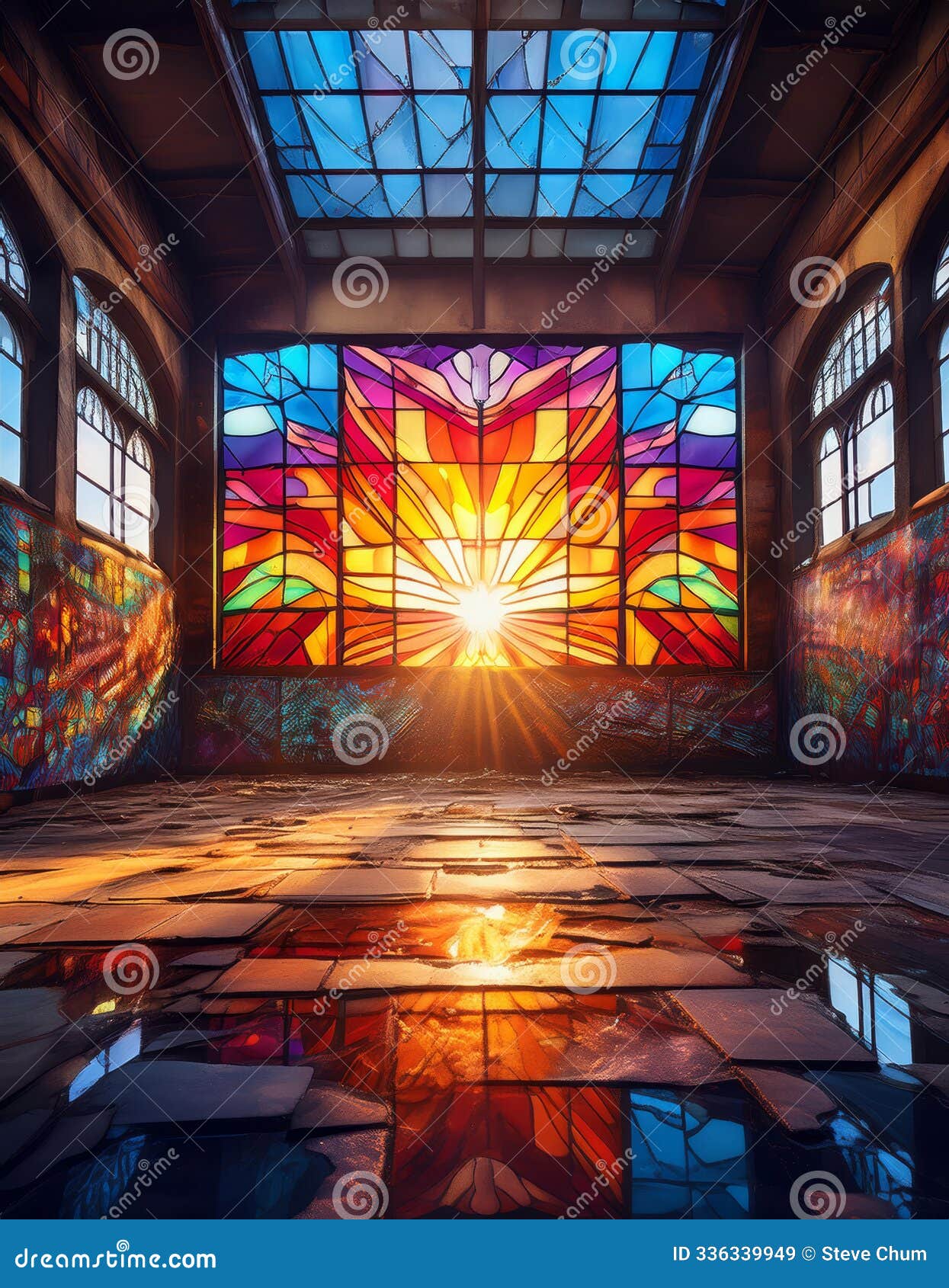 3D Rendering of an Old Church Stained Glass Window with Sun Rays Stock ...