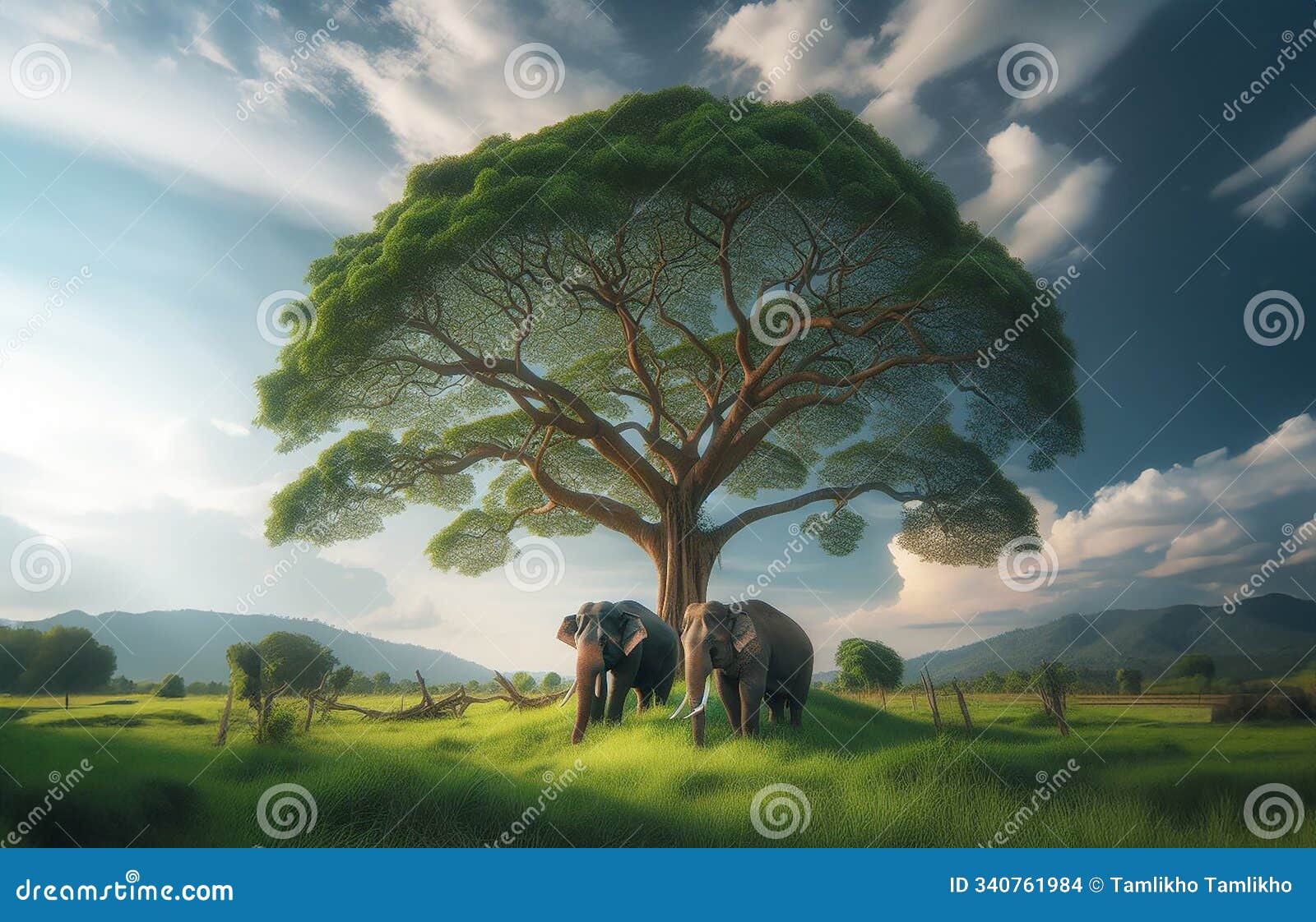 Generated Image Two Elephants Standing in a Grassy Field Under a Large ...
