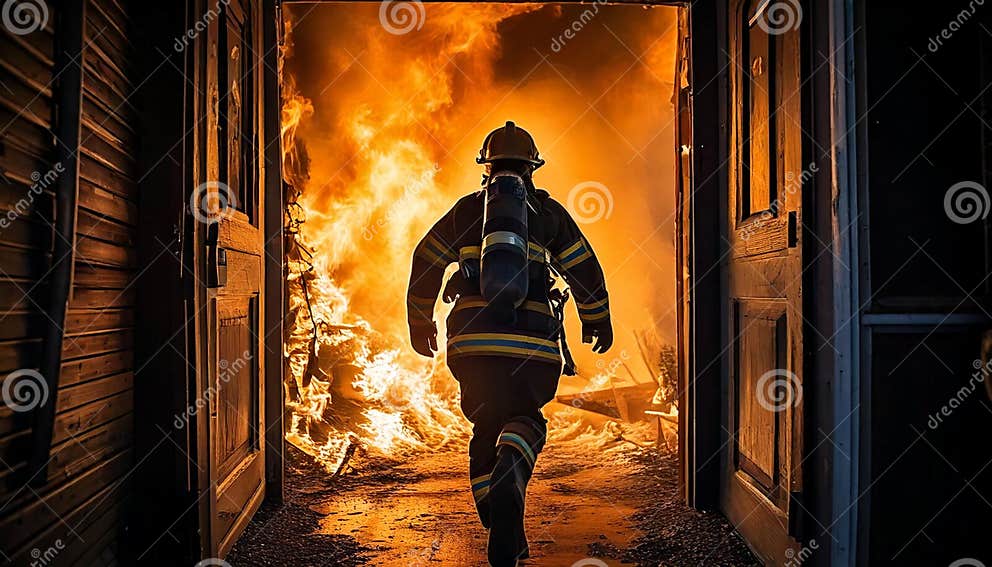 Fire Fighter, Running into Burning House Stock Illustration ...