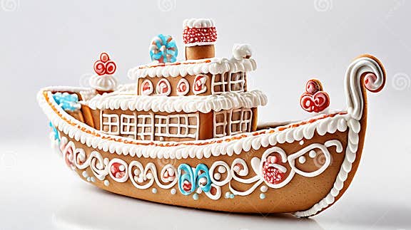 Festive Christmas Gingerbread Boat with Holiday Decorations Stock ...