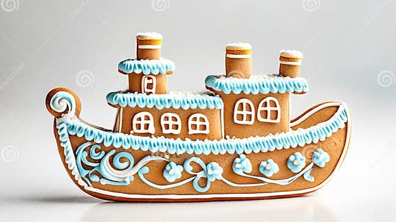 Festive Christmas Gingerbread Boat with Holiday Decorations Stock ...