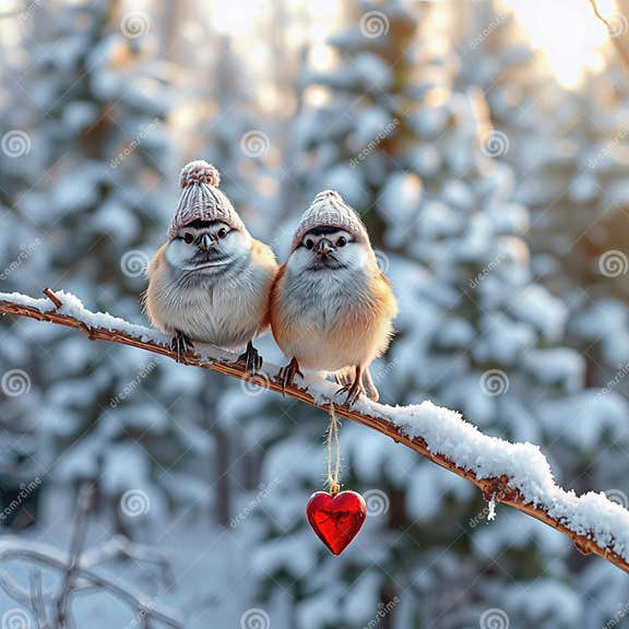 Winter Chickadees with Red Heart Stock Illustration - Illustration of ...