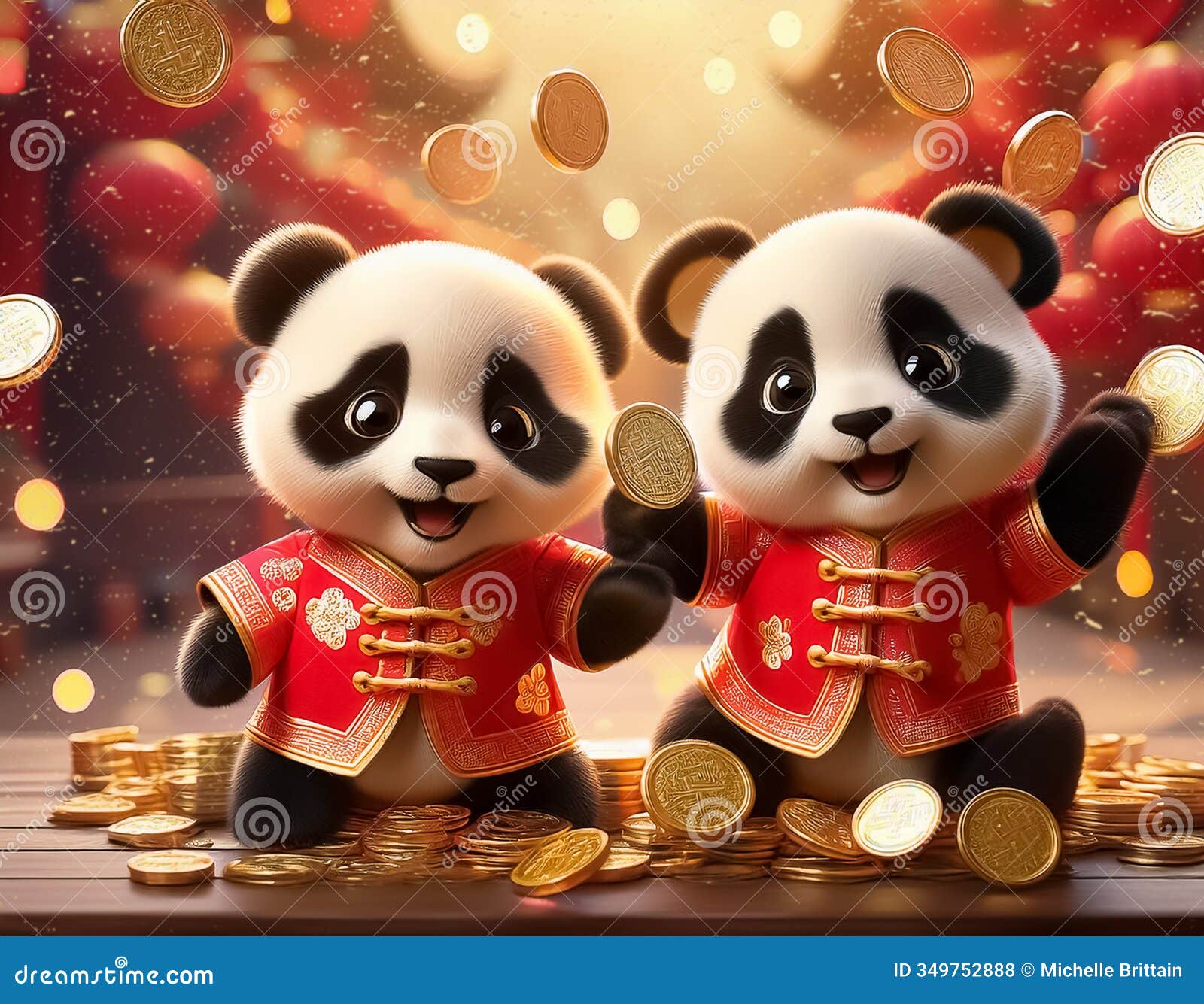 Two Toy Panda Bears, Smiling, Dressed in Traditional Clothes Playing ...