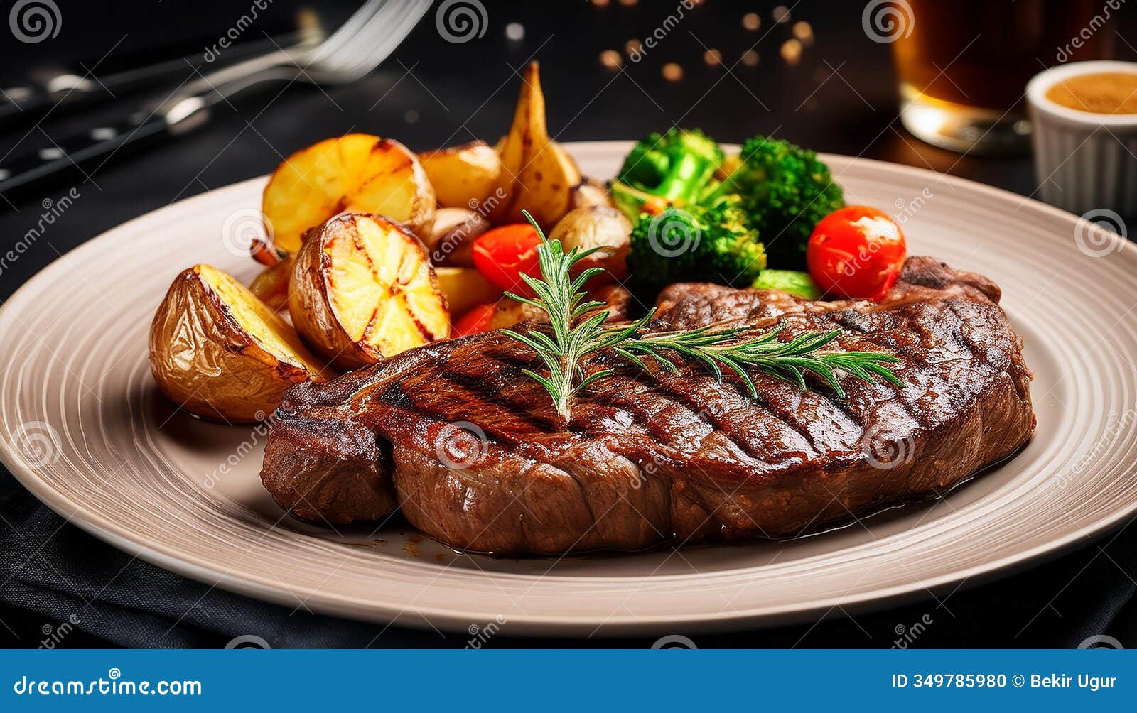A Grilled Ribeye Steak With Baked Potato And Vegetables Royalty-Free ...