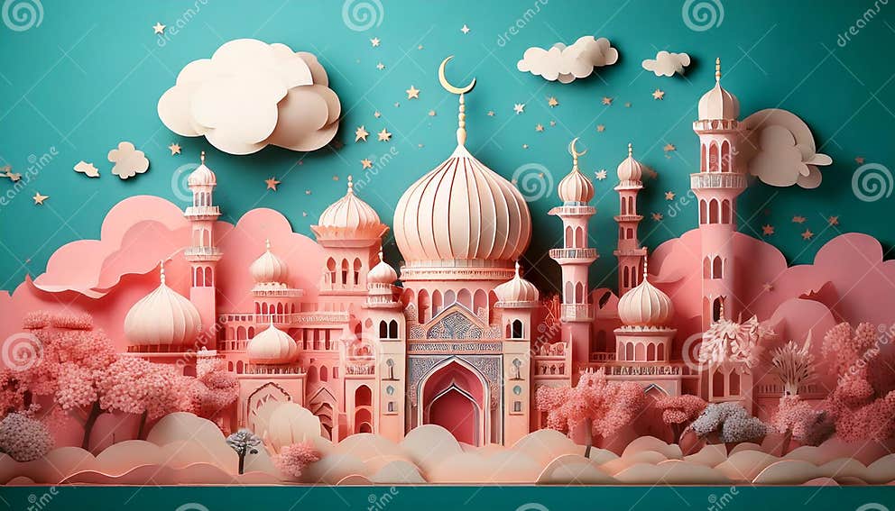 Generated Image. Papercraft Style, the Mosque Emerges from Clouds ...