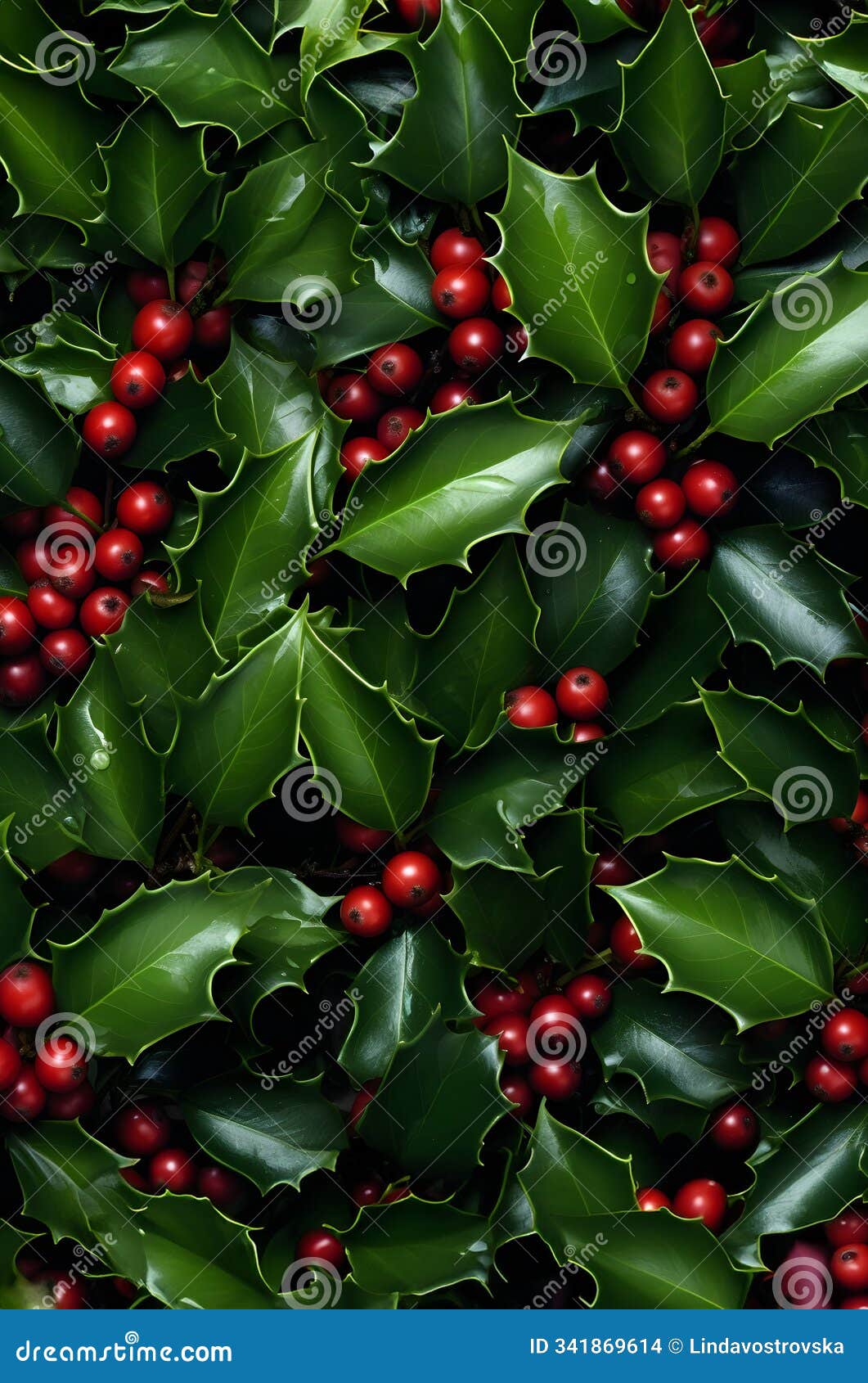 Abstract Background with Green Holy Berry Leaves and Baubles. Stock ...